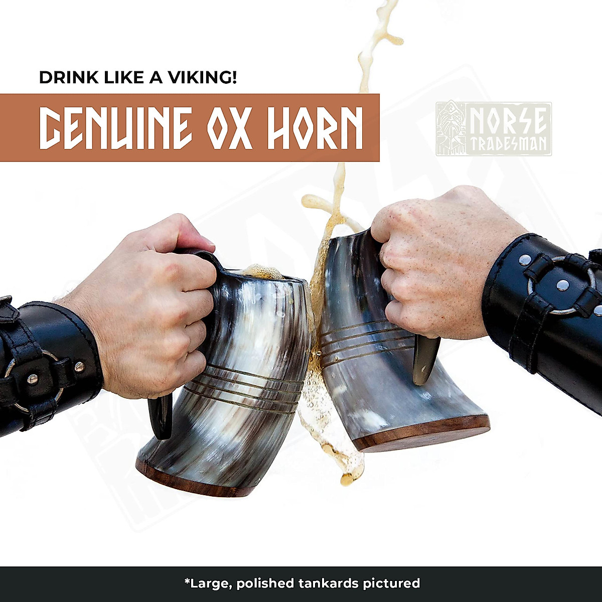 Norse Tradesman Personalized Engraved Viking Drinking Horn Mug - Holiday Themed Designs and Submit Your Text for Engraving - Multiple Tankard Sizes & Engraving Options
