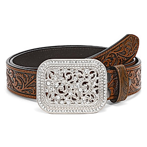 XZQTIVE Women Men Western Belt Vintage Country Belts For Cowgirl Cowboys Genuine Leather Belt with Silver Diamond Buckle