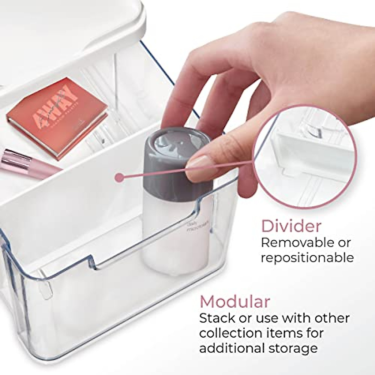 iDesign The Sarah Tanno Collection Medium Stacking Cosmetic Drawer Organizer with Lid and Divider, Clear/White