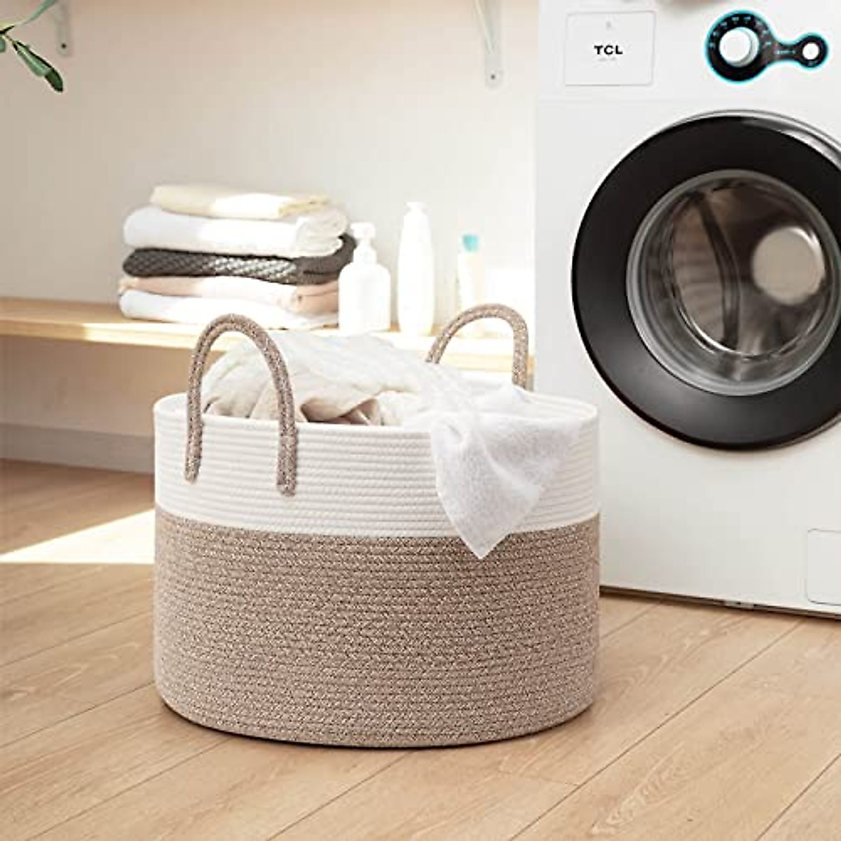 INDRESSME Cotton Rope Basket Extra Large Woven Basket for Blankets Toy Basket Baby Laundry Basket with Big Handles Rope Hamper Storage Bin for Organizer Toy Pillow Living Room, 21 D x 14 H Inches