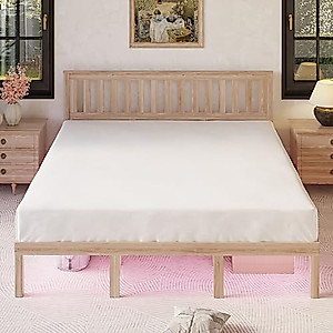 Natural Solid Rubber Wood King Bed Frame with Outlets, Platform Bed with Wooden Headboard and Slats, No Box Spring Needed, Easy Assembly, King Size
