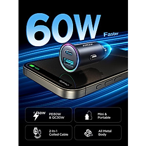 JOYROOM USB C Car Charger,【USB A/C to USB-C Coiled Cable】60W Super Fast Car Phone Charger 【Mini & All Metal】iPhone Car Charger Adapter for iPhone 15/14/13/12/11 Pro/11/X, Note 9/20 Galaxy S23/S10/S9
