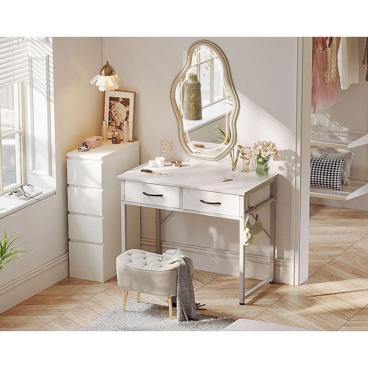 ODK Small Desk with Fabric Drawers- for Bedroom, White Vanity Desk with Storage, Home Office Computer Desk for Small Spaces, 32 Inch Modern Work Writing Study Table, White
