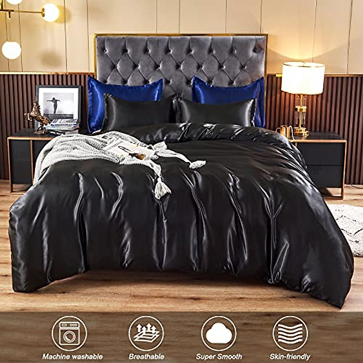 HOdo Home Satin Duvet Cover Twin Size, 3 Piece Silk Like Comforter Cover, Ultra Soft and Breathable Bedding Set with Zipper Closure & Corner Ties