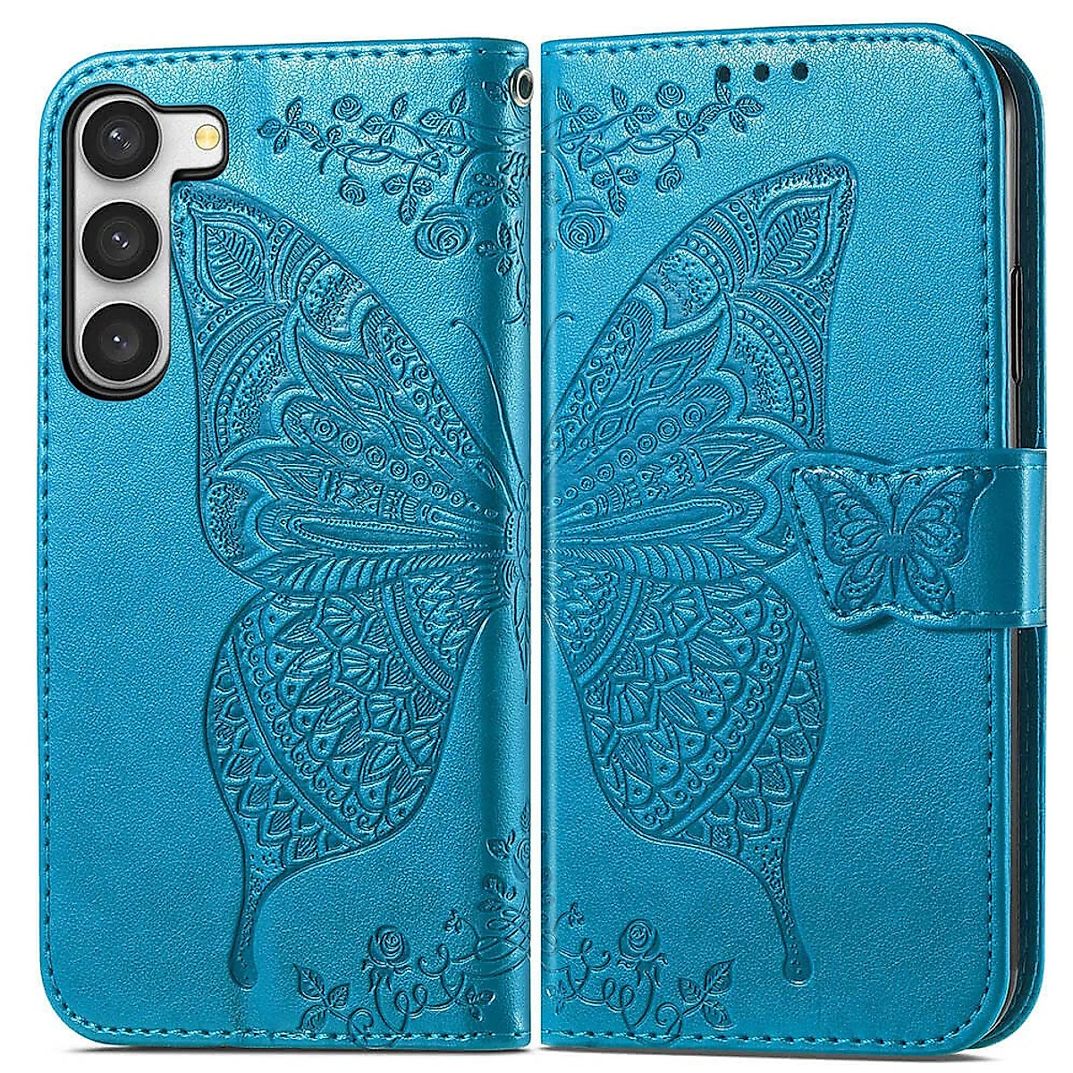 KRHGEIK for Samsung Galaxy S23 5G Case Wallet,Women Flip Folio Cover with Butterfly Embossed PU Leather Kickstand Credit Card Holders Slots Wrist Strap Phone Case 6.1" (Blue)