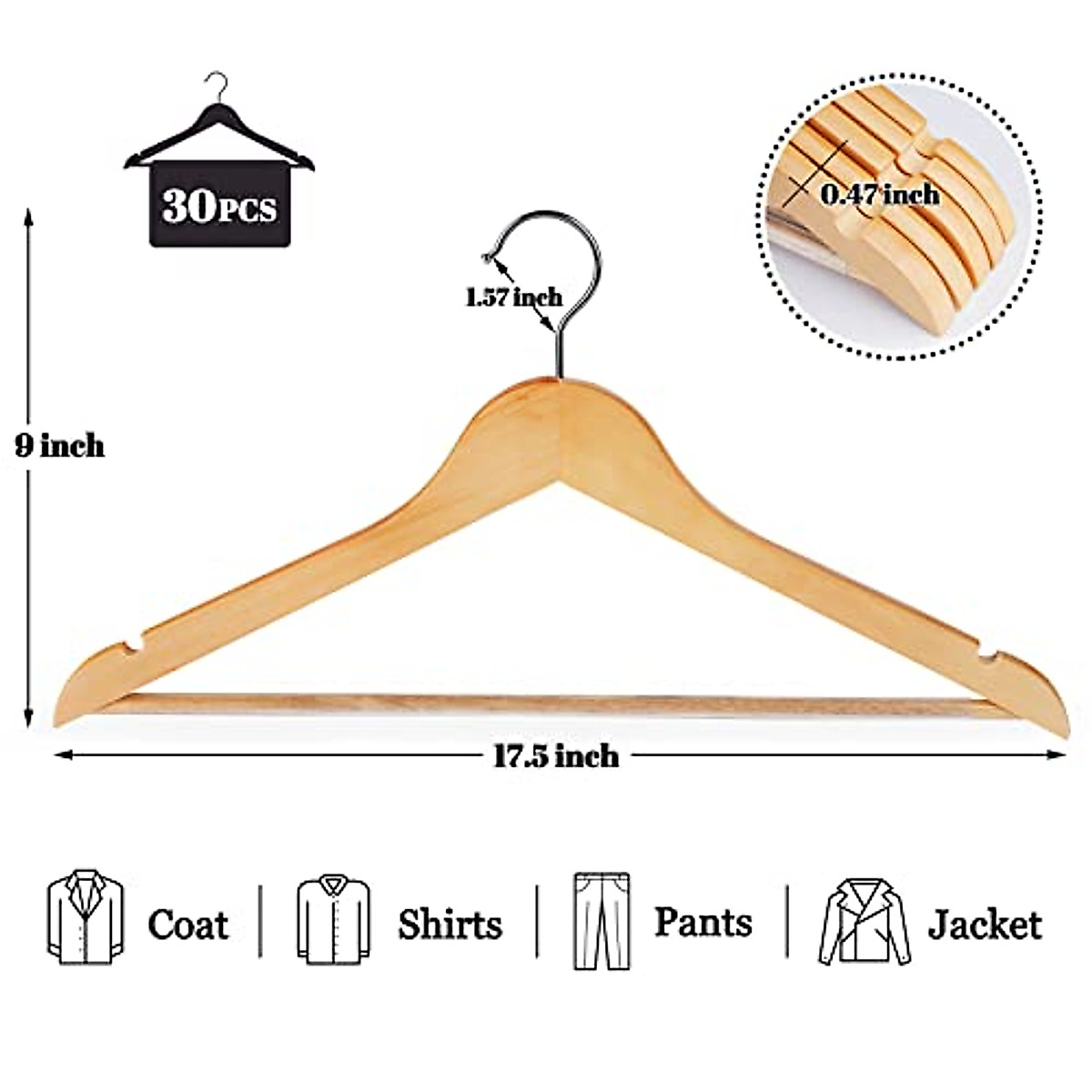 HOUÍSM Wooden Hangers 30 Pack, Solid Wooden Suit Hangers Coat Hangers with Non-Slip Pants Bar, 360° Swivel Hook & Notches, Smooth Finish, Heavy Duty Clothes Hangers for Coats, Suits, Pants and Jackets
