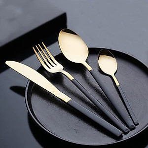 4 Pcs Stainless Steel Flatware Set, Black Gold Modern Cutlery Set Mirror Polished Knife Fork Spoon for Home, Kitchen, Including Place Knife, Fork, Spoon, Teaspoon, One Size (xiejinhong2)