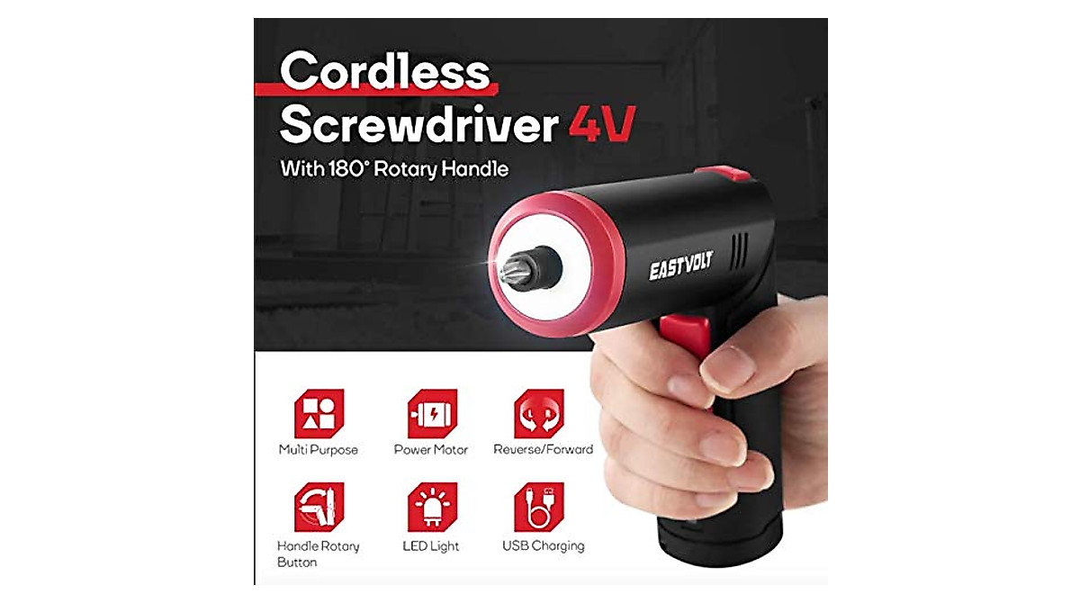 Eastvolt 4V Cordless Screwdriver - 90° Rotary, 32 Accessories