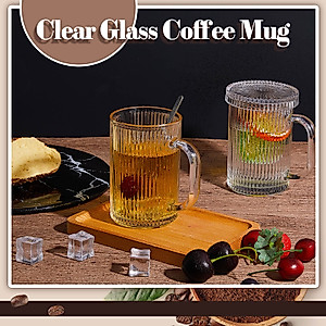 Suclain 4 Pieces Glass Coffee Mugs Clear Vertical Stripes Tea Mug with Lid and Spoon Ribbed Glasses for Espresso Milk Chocolate Latte Juice Anniversary and Birthday, 11.8 oz
