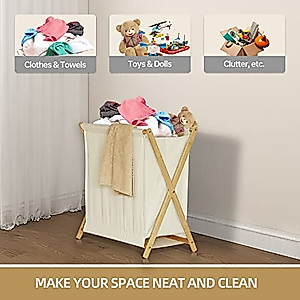 Bellglee Collapsible Bamboo Wood Laundry Hamper, Wooden X Frame Foldable Laundry Basket, Clothes Sorter Organizer with Linen Canvas Laundry Bag for Bedroom or Bathroom