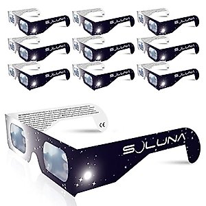 Soluna Solar Eclipse Glasses - CE and ISO Certified Safe Shades for Direct Sun Viewing - Made in the USA (10 Pack)