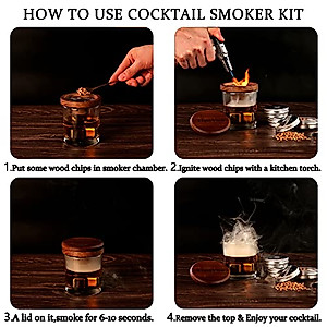 Tipsyoo Cocktail Smoker Kit with Torch Drink Smoker Old Fashioned Smoker Kit for Whiskey Bourbon Wine 4 Flavors Wood Chips Cherry Pecan Apple Oak Glass Infuser Kit Household Party Gifts for Men (No Butane)