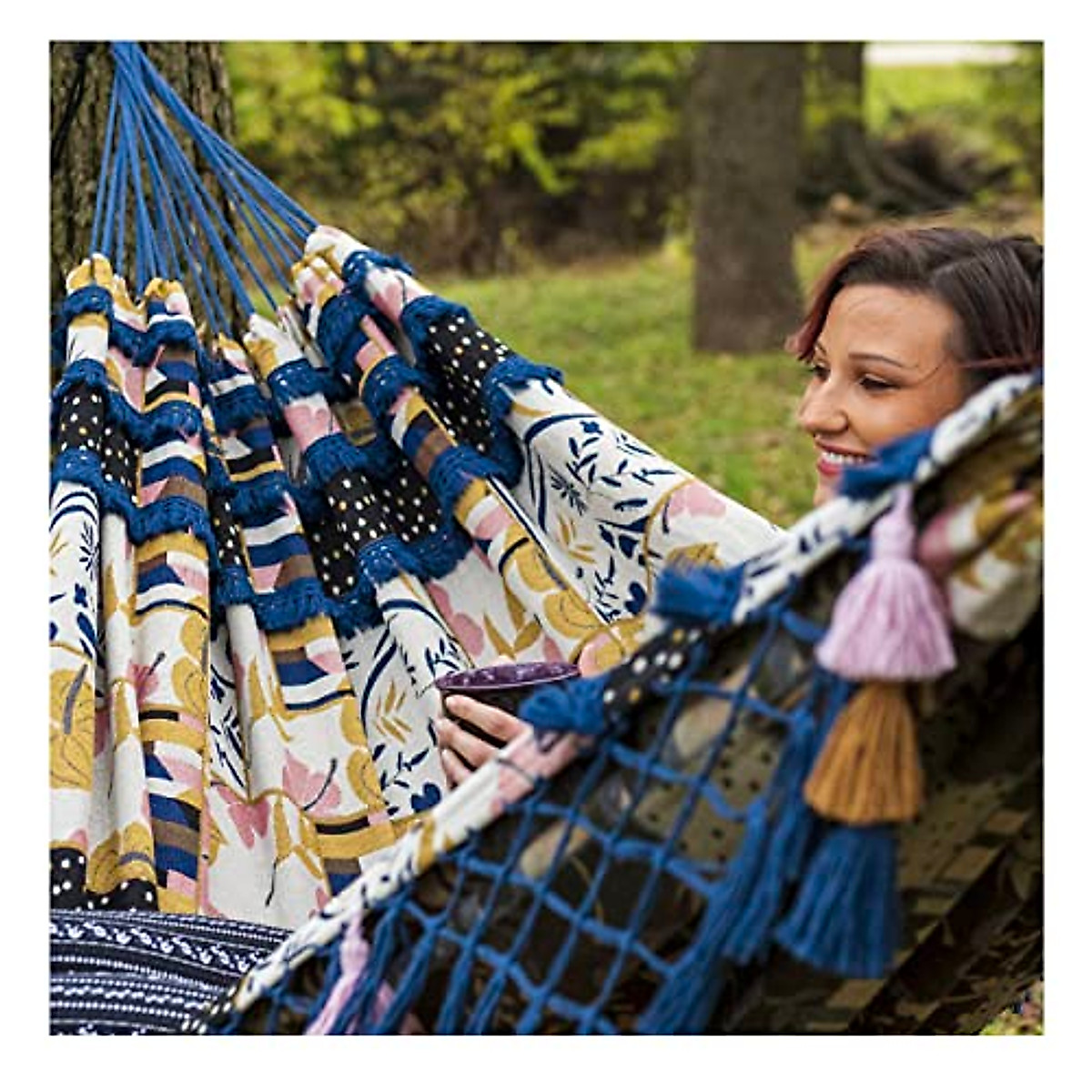 Equip Jacquard Bohemian Macrame Hammock, Blue Patchwork Print, Size 126 in. L x 59 in. W