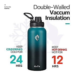 Elvira 32oz Vacuum Insulated Stainless Steel Water Bottle with Straw & Spout Lids, Double Wall Sweat-proof BPA Free to Keep Beverages Cold For 24Hrs or Hot For 12Hrs-Green/Black