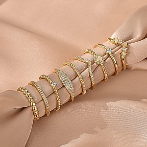 PLOMFOV 14K Silver Plate Stacking Rings Set for Women V Opal Flower CZ Rings Simple Thumb Thin Stackable Rings Silver Statement Rings Plain Band Gold 7