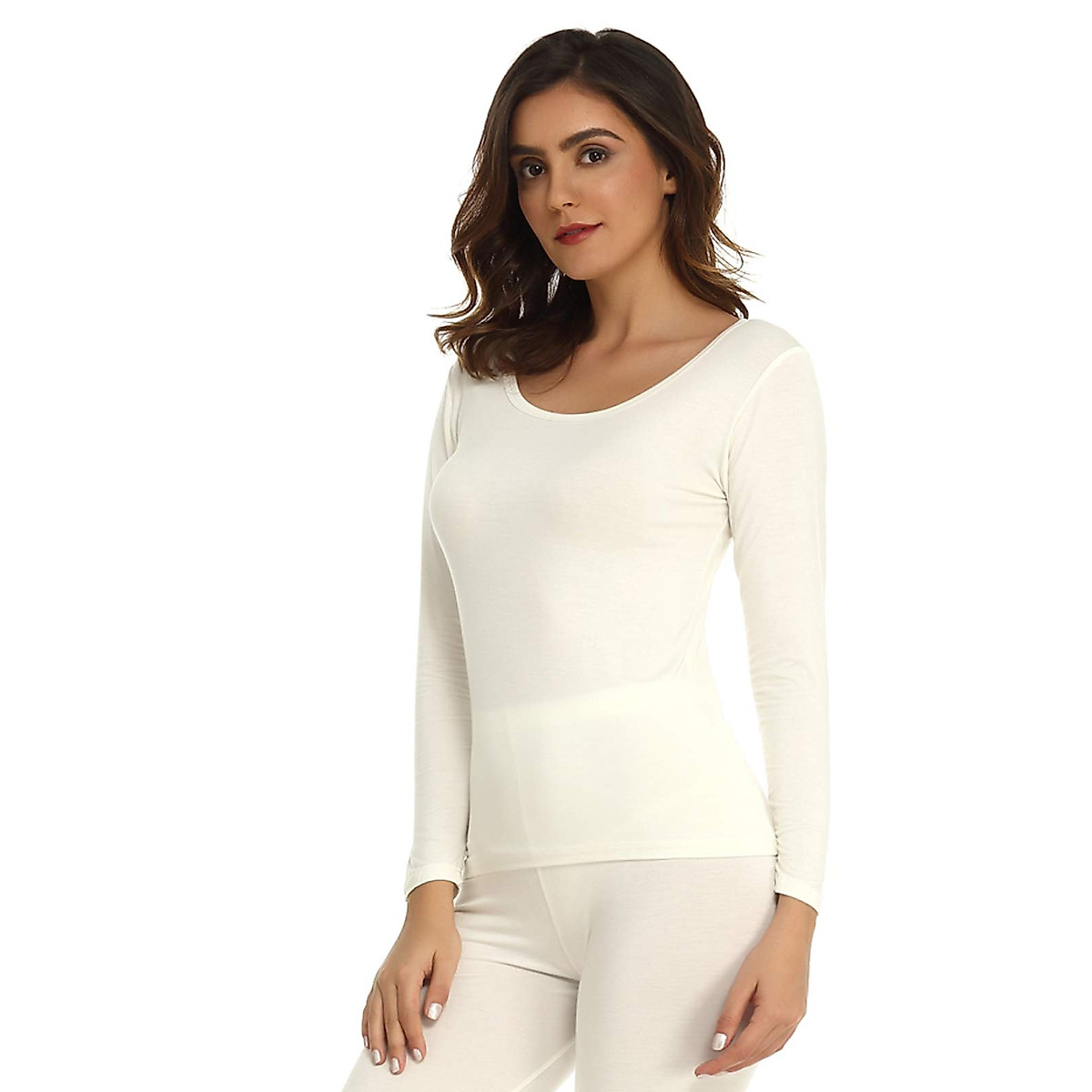 Mcilia Women's Ultrathin Modal Thermal Baselayer Top Scoop Neck Long Sleeve Undershirt Off-White Medium (US Size 8 10)
