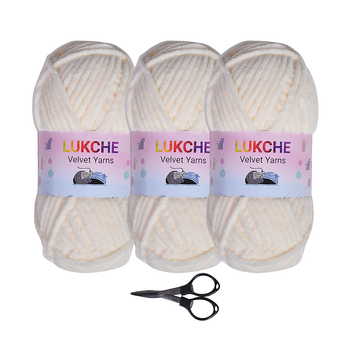 Lukche Super Soft Velvet Chenille Blanket Amigurumi Crochet Baby Blanket Knitting Yarn Super Bulky 3x100 gr (3x132 yds) Including Foldable Scissors (10002-Cream)