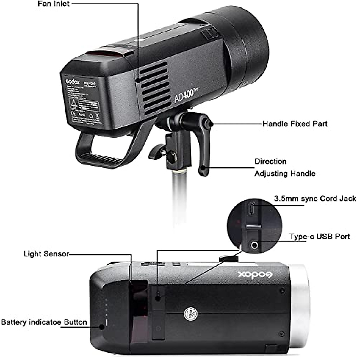 Godox AD400 Pro AD400Pro Flash w/2.8MLight Stand+Sandbag w/Godox 60 * 60cm Softbox with Grid GN72 TTL Monolight,1/8000 HSS Outdoor Flash Speedlight, 0.01-1s Recycle Time for Canon Sony Nikon,etc