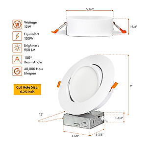 PROCURU [4-Pack] 6-Inch Gimbal Air-Tight LED 2700K-6000K 5CCT Color Selectable, Adjustable, Rotate & Swivel Ultra-Thin Heavy Duty Recessed Ceiling Downlight, Dimmable, IC Rated (VGB65W-4P)
