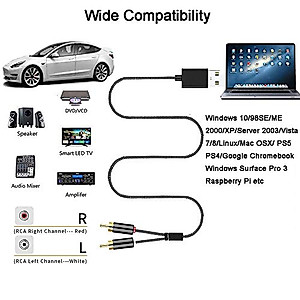 ZARSSON USB to 2-Male (6FT) RCA Audio Aux Cable for PC Stereo Y Splitter Adapter Compatible with USB A Laptop, Linux, Windows, Desktops, PS4 and More Device for Amplifiers, Home Theater, Speaker