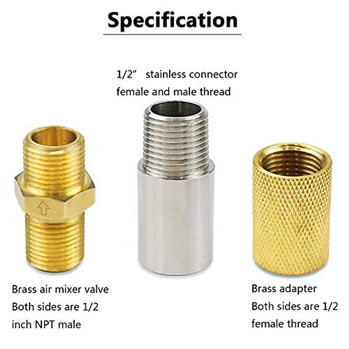 Hisencn 1/2" LP Air Mixer Valve for Fire Pits, 150K BTU Capacity High 304 Stainless Steel and Solid Brass Liquid Propane Gas Copper Joint, 1/2 inch NPT Female and Male Thread with A Brass Adapter