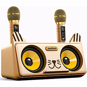 MASINGO Kitty Cat Karaoke Machine for Kids, Children and Toddlers with 2 Wireless Bluetooth Microphones, PA Speaker System Includes Lyrics Display Phone Holder, TV Cable and Singer Vocal Removal Mode