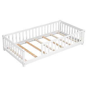 UOCFYK Toddler Twin Size Floor Bed with Fence for Kids,Solid Wood Bedframe,Easy to Assemble, No Box Spring Needed,White