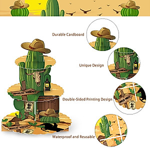 LXlucktim Western Cowboy Party Decorations Cupcake Stand, 3 Tier Cardboard Cowboy Cupcake Holders with 12pcs Cupcake Toppers and 12 Cupcakes Wrappers for Kids Wild Vest Birthday Party Supplies