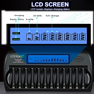 CITYORK 12 Bay LCD Smart Battery Charger for 1.2v AA AAA Ni-MH/Ni-CD Rechargeable Batteries, AA AAA Battery Charger with Refresh Function with AC Wall Adapter