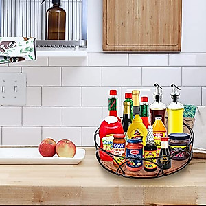 12.5" Wooden Lazy Susan Turntable, Kitchen Table Top Spice Organizer with Steel Frame, 360 Degree Rotating Lazy Susan Tray for Countertop, Cabinet, Dining Table, Bathroom