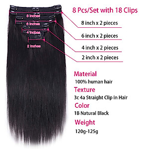 Nvnvdij Straight Clip in Hair Extensions Human Hair 8pcs Per Set with 18Clips Double Weft Clip in Human Hair Extensions Natural Black Color For Women (14 Inch, Straight Hair)