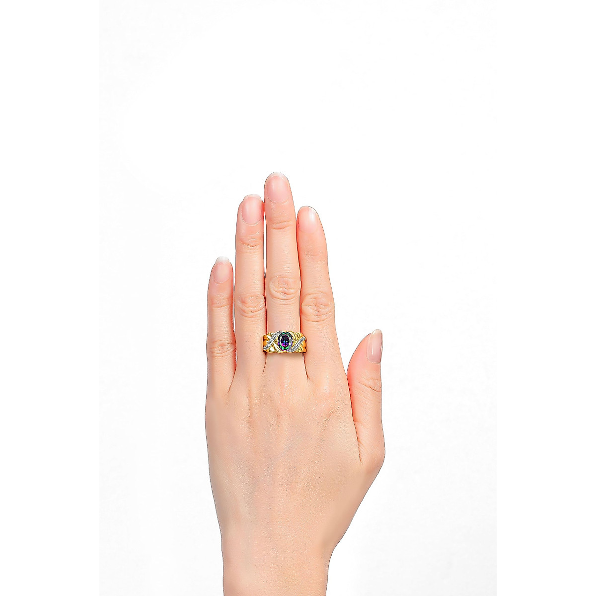 Rylos Rings for Women 14K Gold Plated Silver Ring Classic 9X7MM Oval Gemstone & Diamonds June Alexandrite Jewelry Size 7