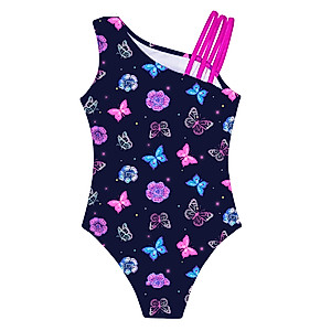 YEAHDOR Kids Girls Gymnastic Ballet Dance Leotard Print Leotard with Shiny Boyshort Set One Shoulder Bodysuit Sets Printed Hot Pink 14 Years