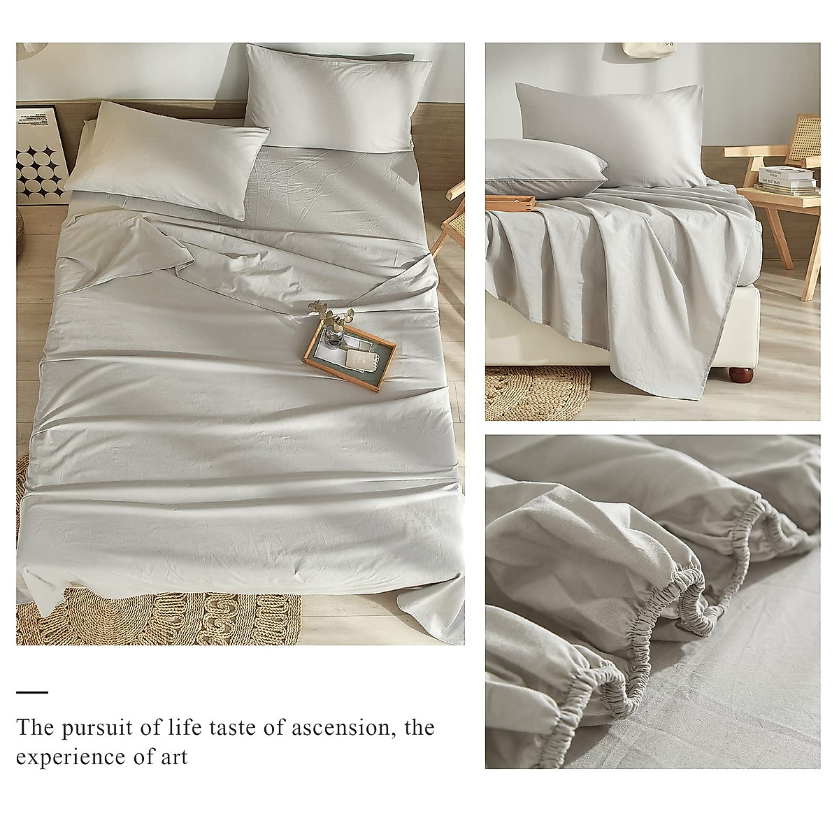 Full Size Sheets Set Grey Bed Sheets Deep Pocket 4 Piece Bedding Sheets & Pillowcases Set, Hotel Luxury Silver Grey Sheets 100% Washed Cotton Breathable Cooling Sheets, Fade, Stain, Shrink Resistant