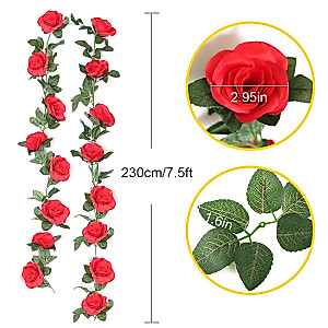 Yebazy 2PCS(15FT) Rose Garland Red Roses Vine Artificial Flowers Plants for Hotel Wedding Home Party Garden Craft Art Decor (Red)