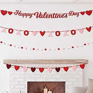 Valentines Day Home Decor, 4 Kind Valentines Day Banner, Happy Valentine's Day XOXO Red Heart Pom Banner, Felt Garland Banner for Home Wall Fireplace, Valentines Romantic Decor Special Night