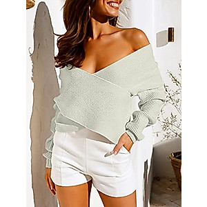 ANRABESS Women’s 2022 Fall Fashion Long Sleeve Off Shoulder Crissover V Neck Knit Cropped Sweater Top 641qianhui-S Gray