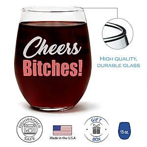 Cheers Funny Cute Wine Glass,Stemless 15oz, Box, Happy Birthday for Women or men, Unique Idea for Her, Mom, Wife, Girlfriend, Sister, Grandmother, Aunt, Friend, BFF, Coworker