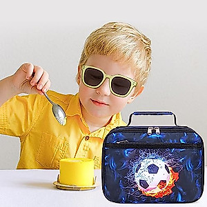 LEDAOU Lunch Bag Kids Insulated Lunch Box Boys Girls Insulated Reusable Lunch Bag for School Picnic Hiking Work (Soccer Black Blue)