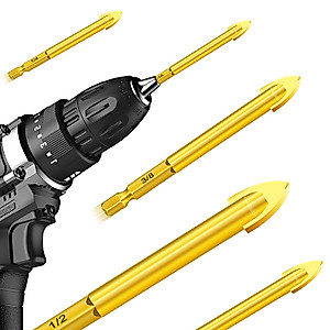 Masonry Drill Bits Set for Tile Glass Ceramic Brick Wood, 10 pcs Diameter 1/8 to 1/2 Inch Drilling Bits with 1/4 Hex Shank, Gold,