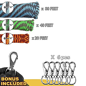 Wellmax Diamond Braided Nylon Rope with Uv Treatment and Weather Resistant, 3 Pack 1/4" x 20/40/80ft Multi-Color and 6 Bonus Quick Links