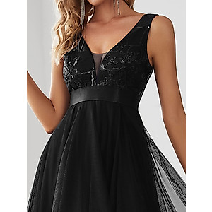 Ever-Pretty Women's Crew Neck Pleated Waist Short Sleeve Wedding Guest Dress Chiffon Bridesmaid Dresses Black US10