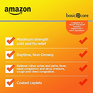 Amazon Basic Care Daytime Severe Cold & Flu Relief Caplets, Cold Medication for Severe Cold and Flu Symptoms Like Headache, Fever, Coughing, Chest & Nasal Congestion, Vapor Ice, 24 Count