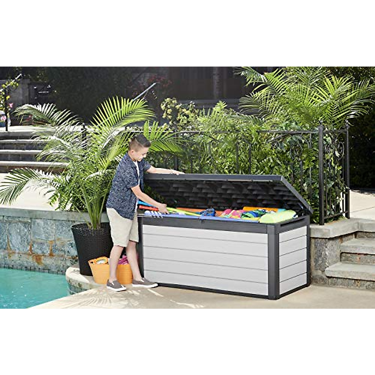 Keter Denali 150 Gallon Resin Large Deck Box-Organization and Storage for Patio Furniture, Outdoor Cushions, Garden Tools , Pool Toys, Grey & Black
