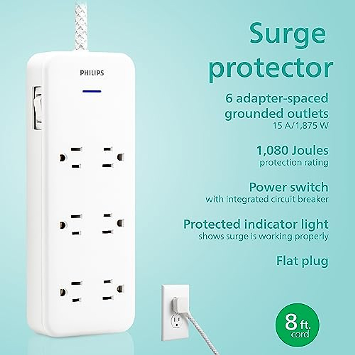 Philips EZFit 6-Outlet Surge Protector Power Strip, 8 Ft Braided Extension Cord, Widely Spaced Outlets, 1080 Joules, Flat Plug, for Home Office Dorm Essentials, White, SPC6066WB/37