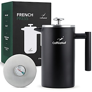 CoffeeKof Stainless Steel French Press Coffee Maker With Thermometer.Double Insulated Coffee Press,34 0Z,Black.