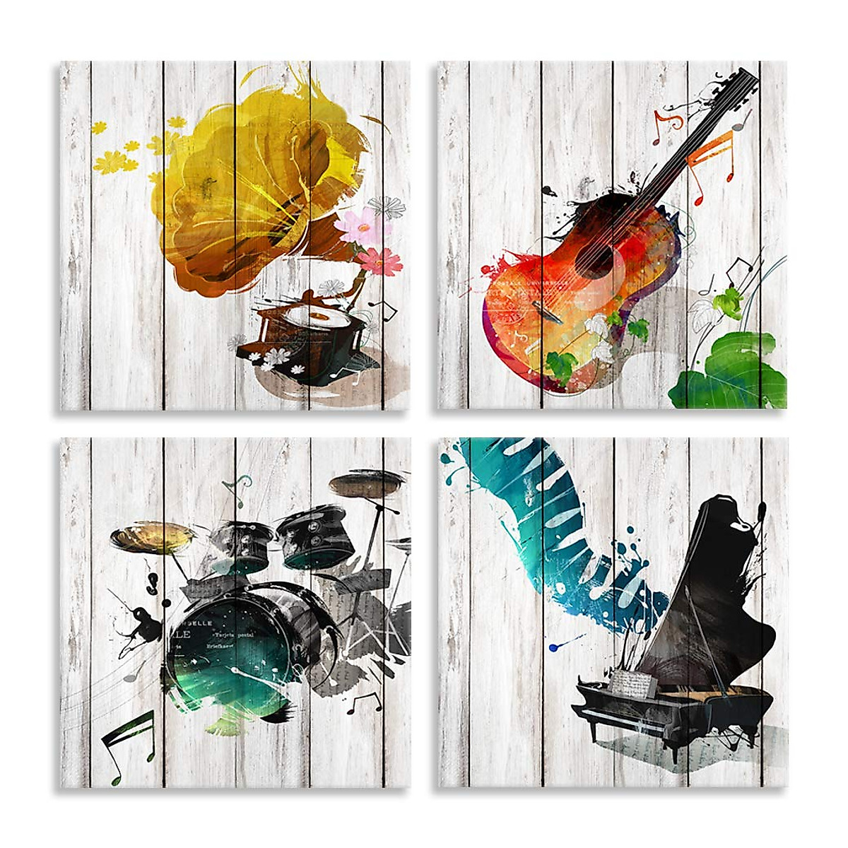 4 Pieces Music Canvas Wall Art Guitar Piano Phonograph and Drum Set Paintings Prints Wooden Style Gift for Music Lover Wall Decor for Music Studio Living Room Bedroom Home decor Framed Ready to Hang