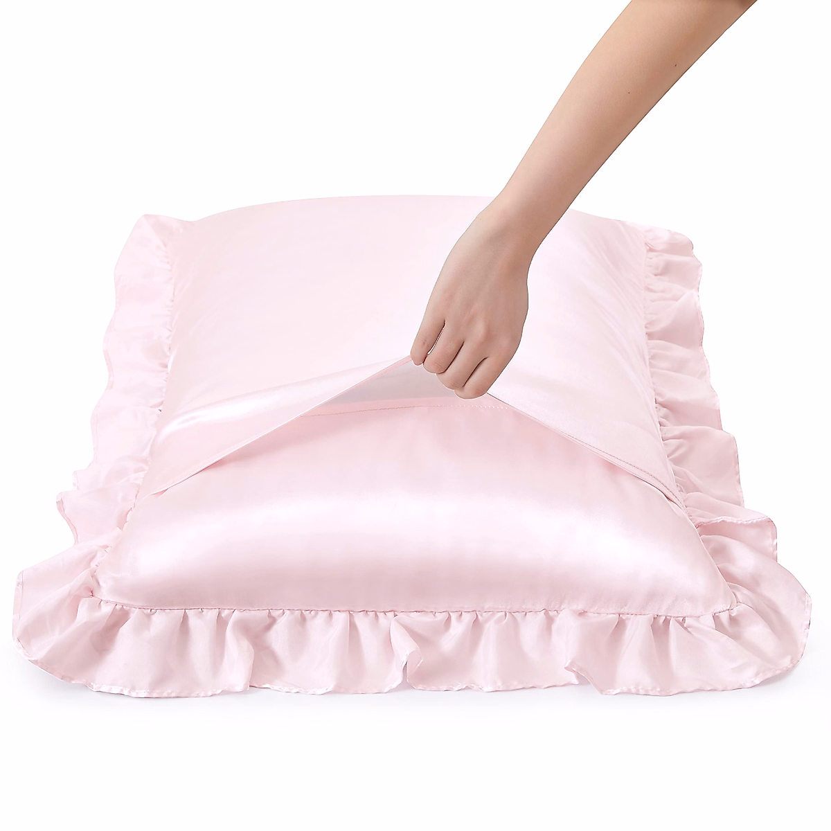 HommxJF Silky Pink Satin Ruffled Pillow Cases for Hair and Skin,Blush Pink Silk Pillowcases Standard Set of 2 with Envelope Closure Princess Room Decoration