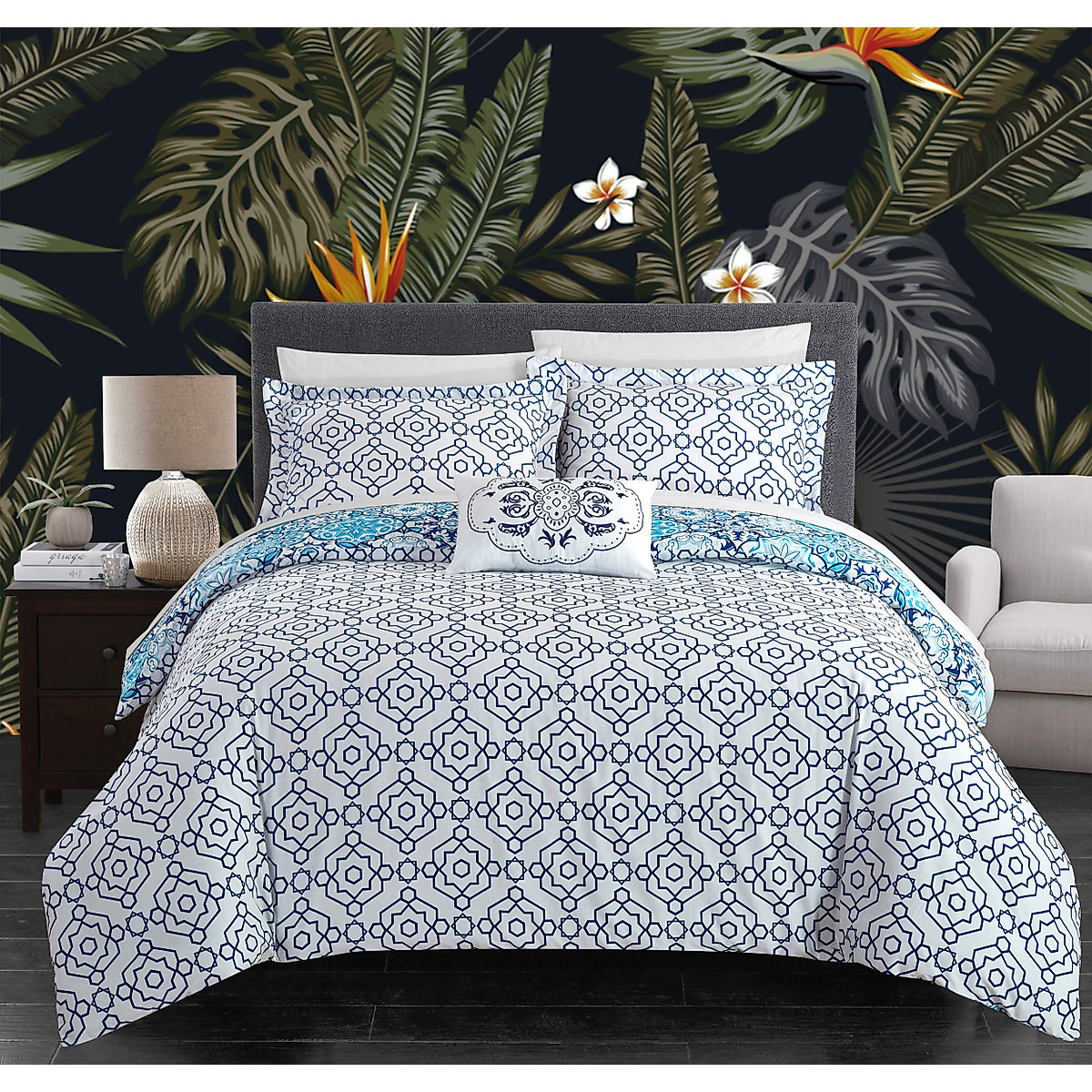 Chic Home Bristol 4 Piece Reversible Cover Set 100% Cotton Bohemian Inspired Contemporary Geometric Print Zipper Closure Bedding, Queen Duvet, Blue