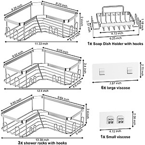 stusgo 4 Pack Corner Shower Caddy with Soap Holder, Adhesive Shower Shelves No Drilling, Rustproof Stainless Steel Bathroom Shower Organizer with Hooks, Shower Shelf for Inside Shower, Silver